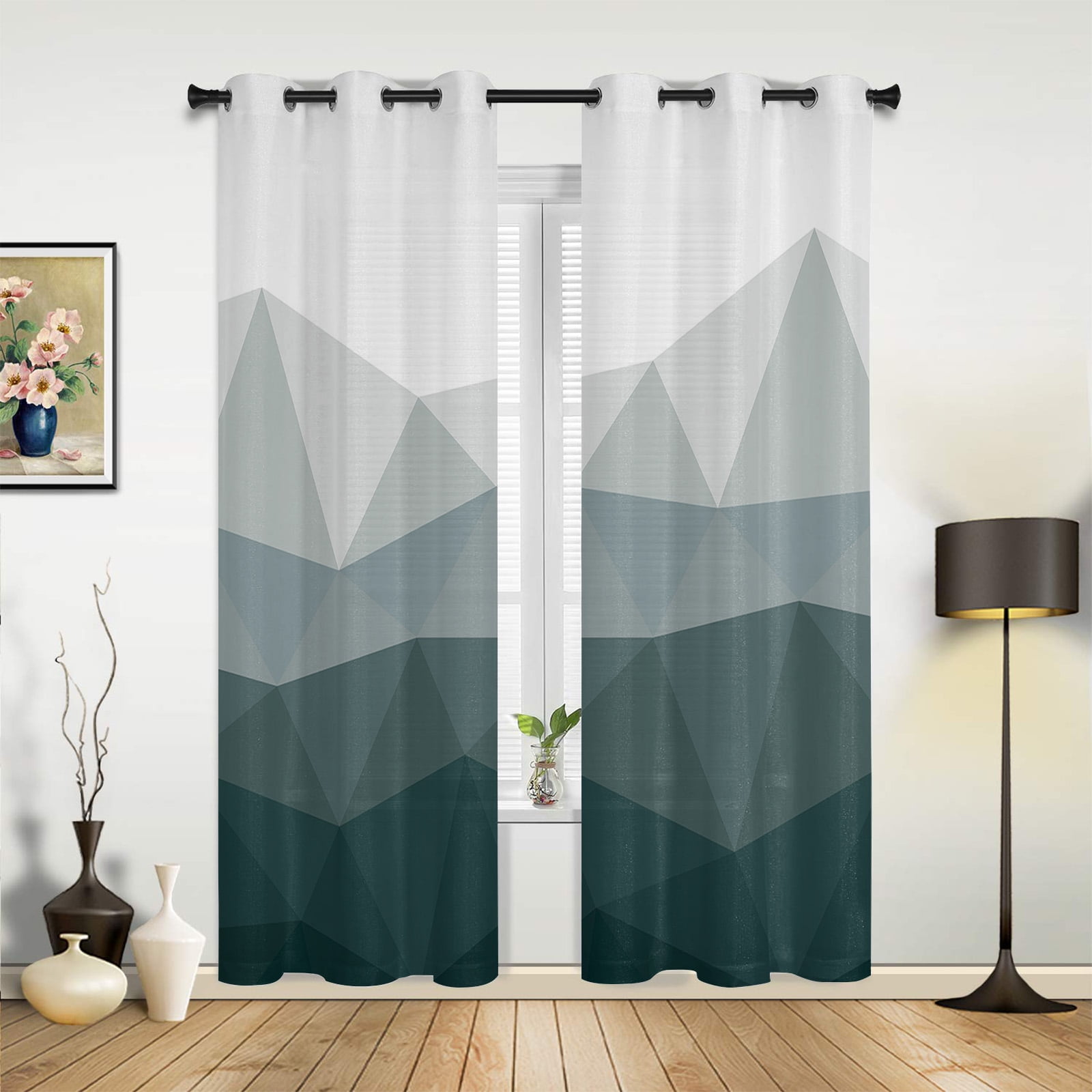 2 Panels Abstract Geometric Gradient Sage Green Grey Triangle Curtains for Bedroom Living Room ...