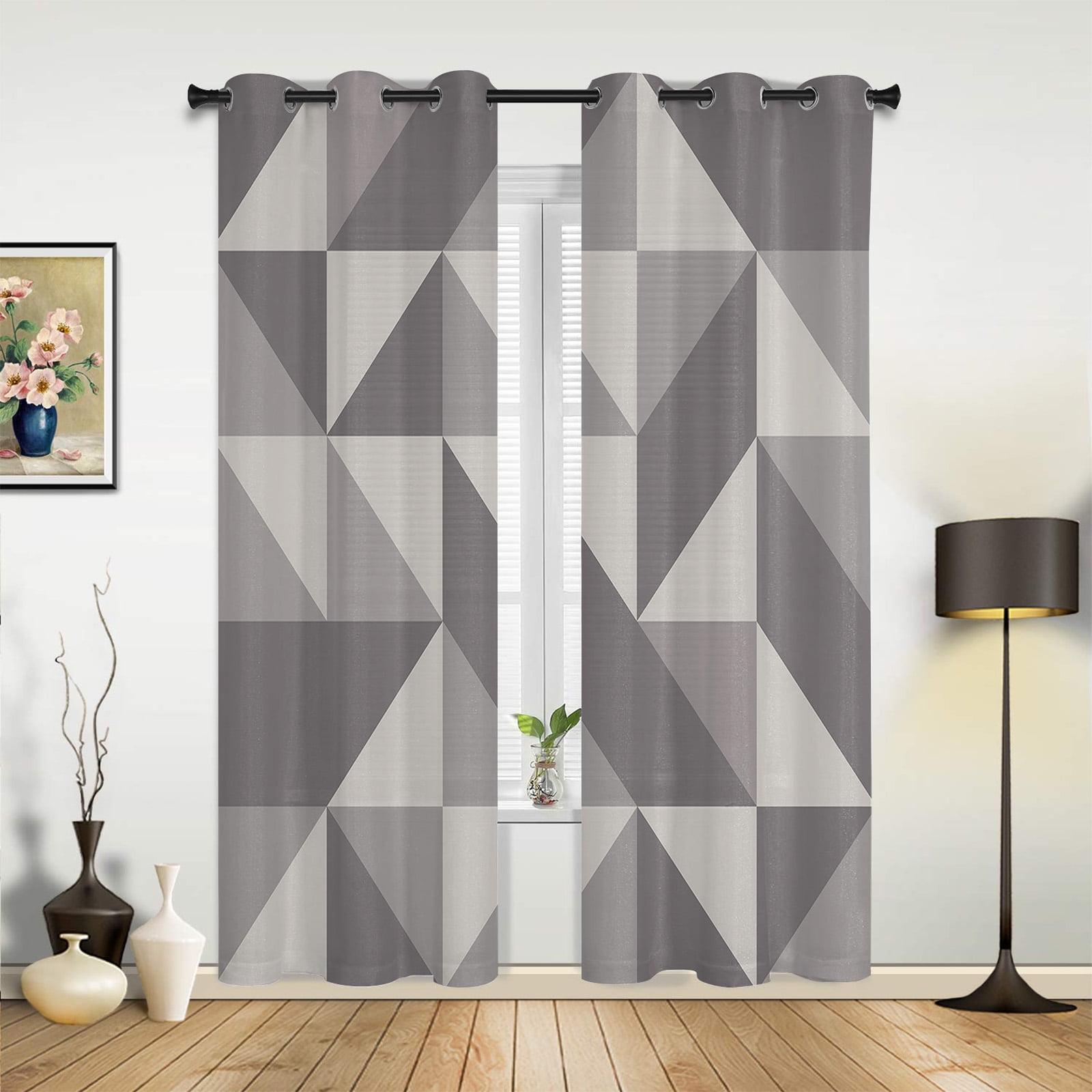 2 Panels Abstract Geometric Gradient Sage Green Grey Triangle Curtains ...