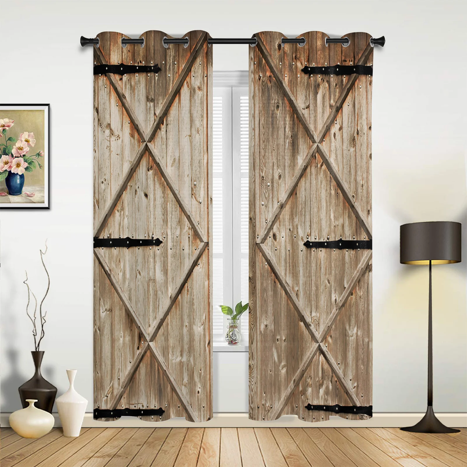 2 Panels Barn Wooden Door Farm Window Curtains Home Decoration Living ...