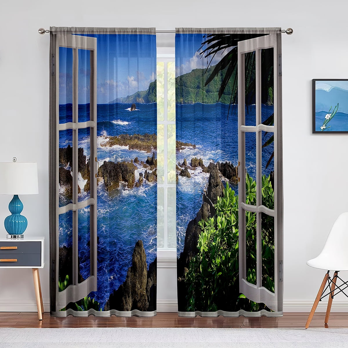 2 Panels Beach Sea Ocean Sunset cortinas Windows Scenery Curtains for ...