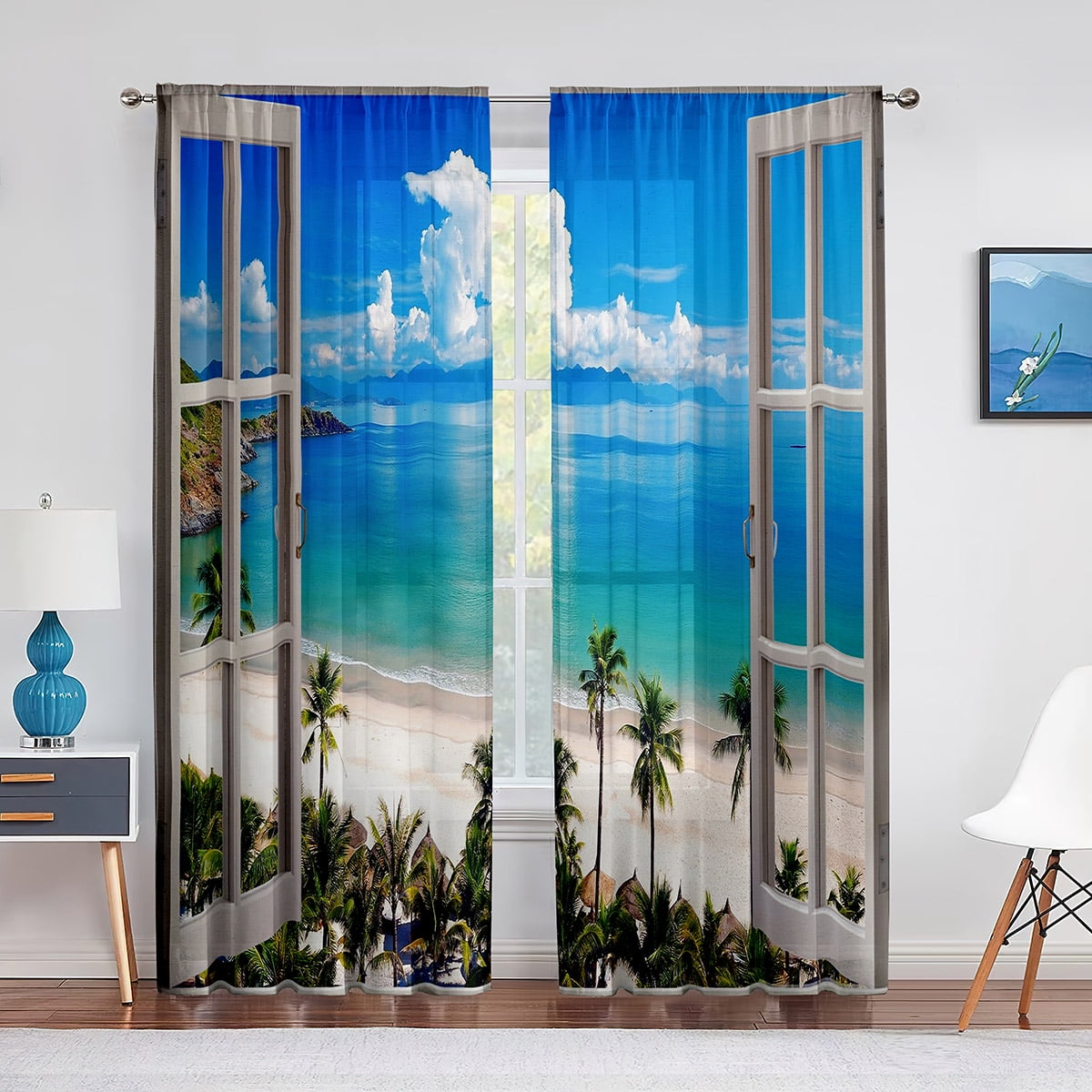 2 Panels Beach Sea Ocean Sunset cortinas Windows Scenery Curtains for ...