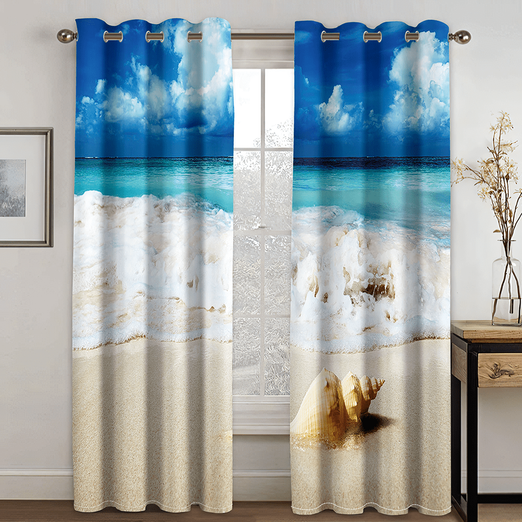 2 Panels Beach Sun 3D Curtains Starfish Shell Blue Curtains Bedroom ...