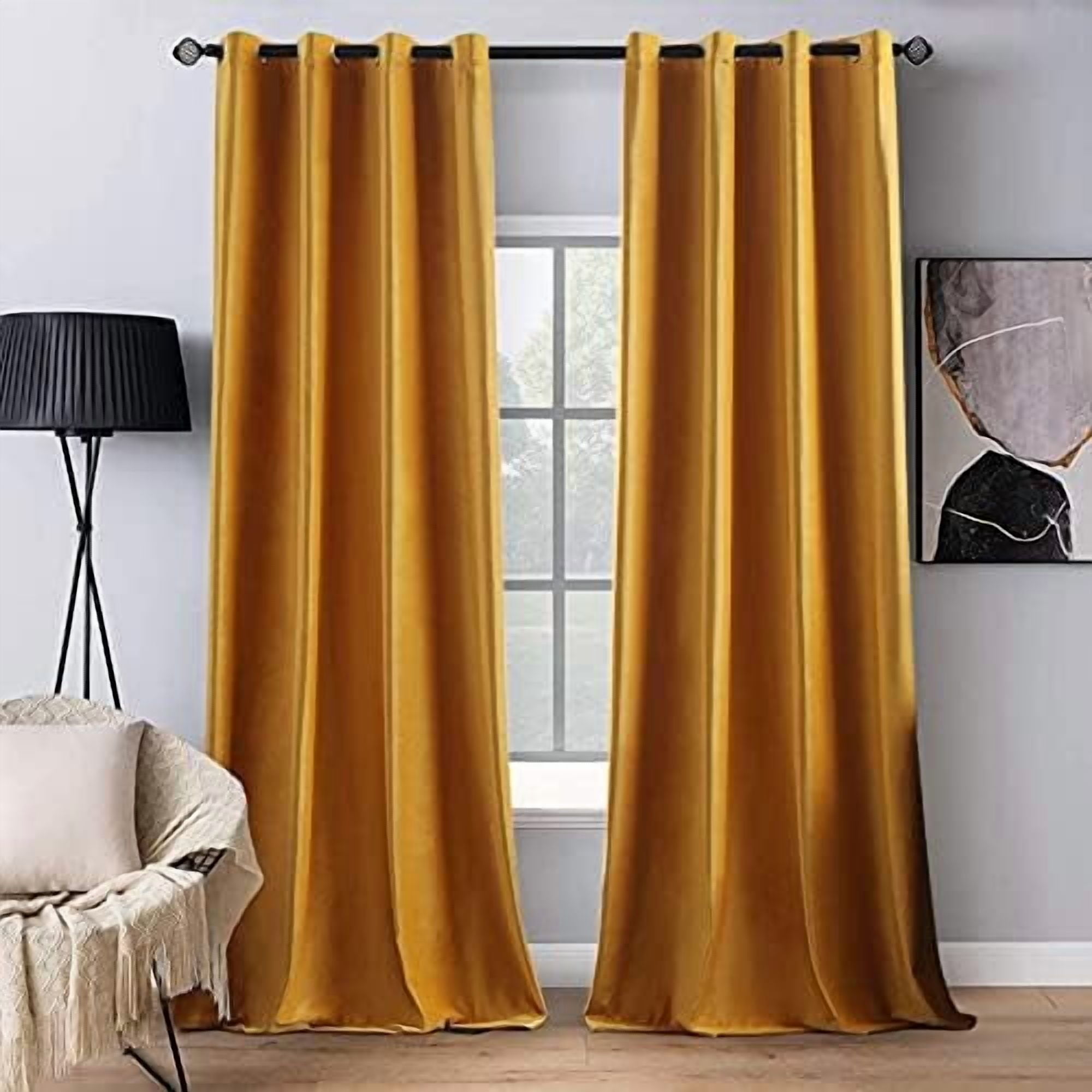 2 Panels Blackout Velvet Curtains Solid Soft Grommet Mustard Yellow ...