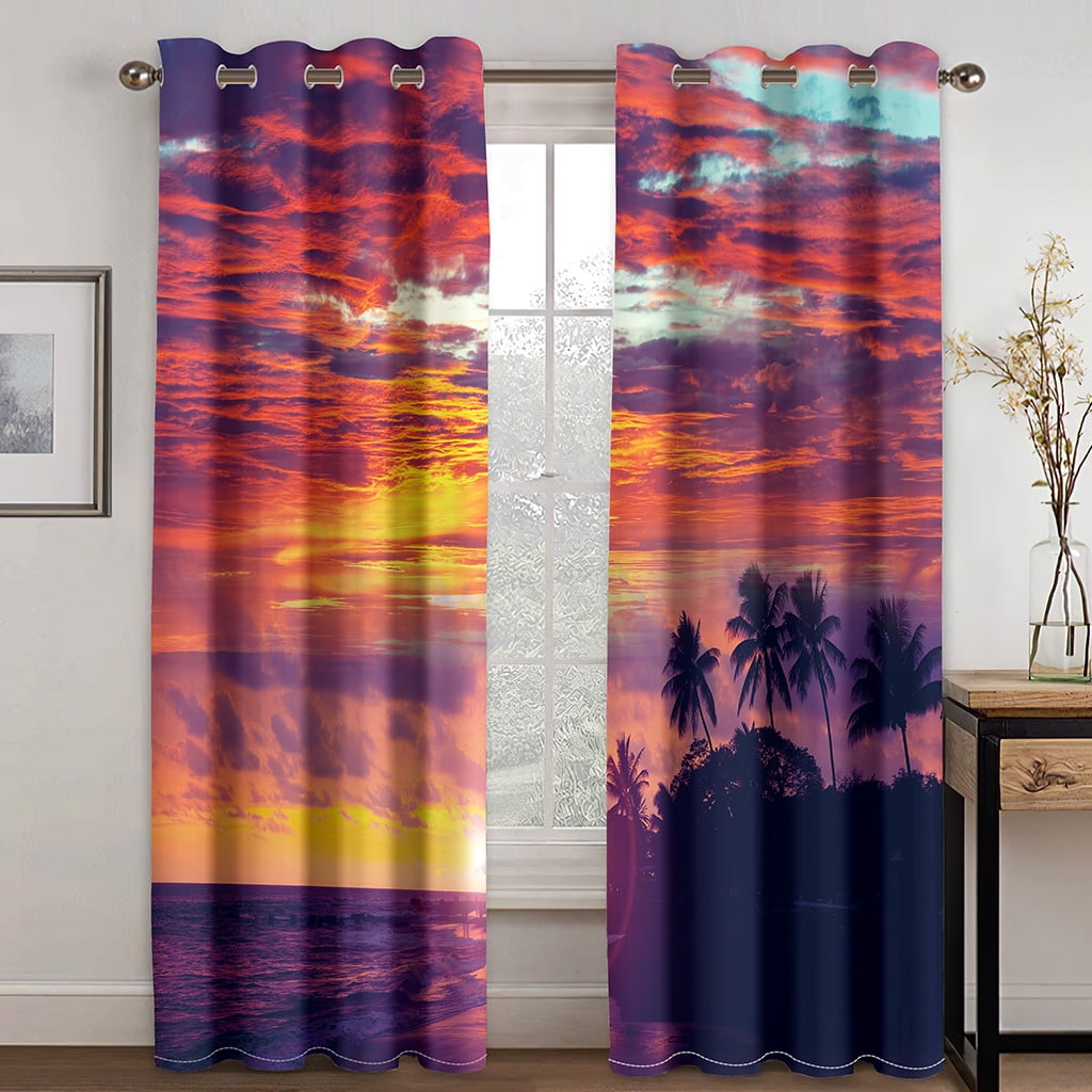 2 Panels Blue Beach Ocean Curtains Red Clouds Romantic Snow Mountain 2 ...