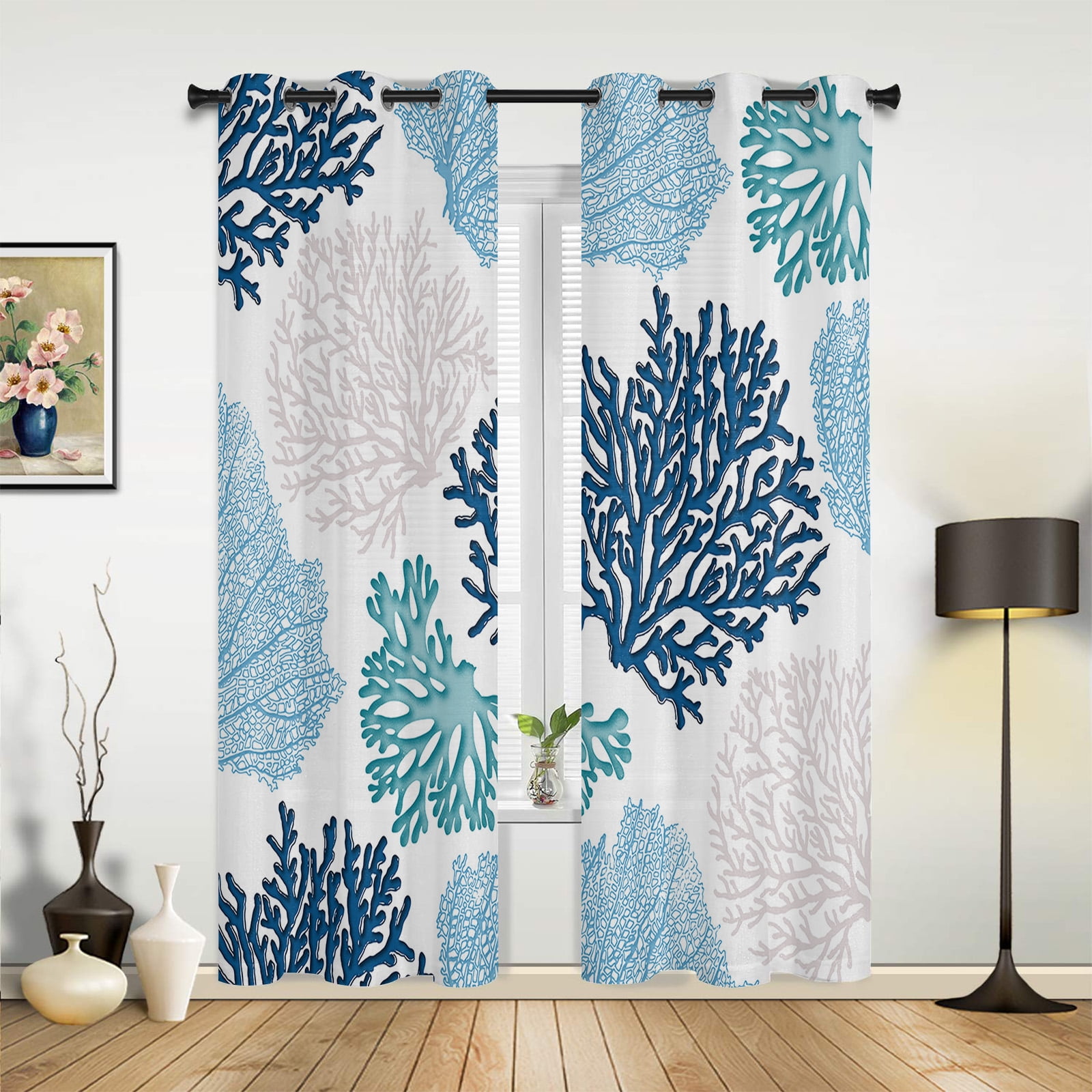 2 Panels Blue Marine Coral Curtains for Bedroom Living Room Drapes ...