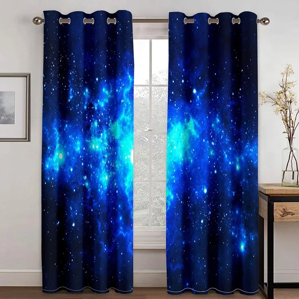 2 Panels Blue Purple Cosmic Galaxy Printing Stars Curtains for Living ...