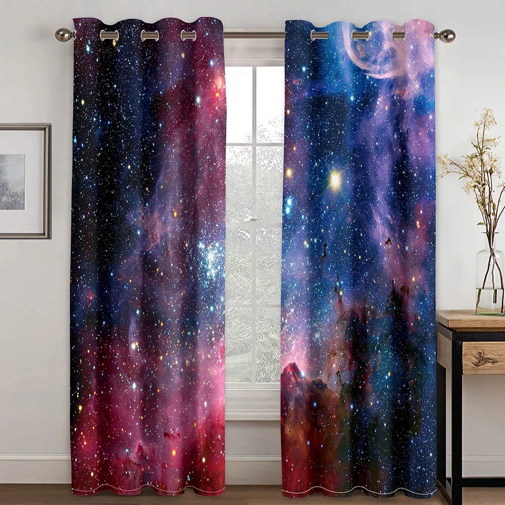 2 Panels Blue Purple Cosmic Galaxy Printing Stars Curtains for Living ...