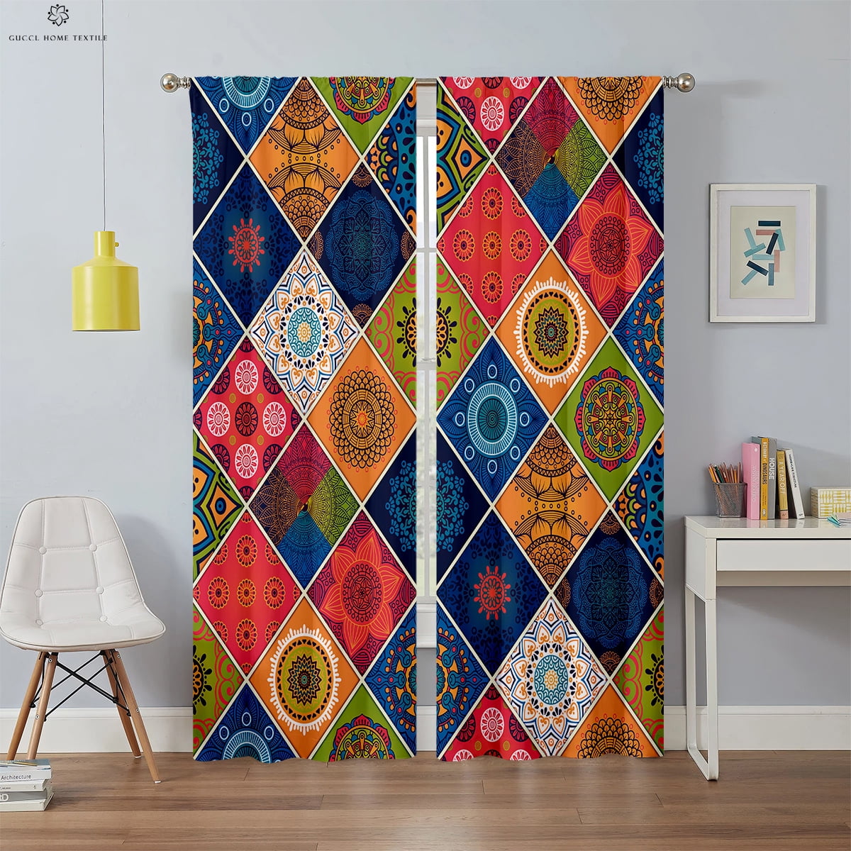 2 Panels Bohemian Window Curtains with Colorful Pattern Printed Curtain Rod Pocket Bedroom ...