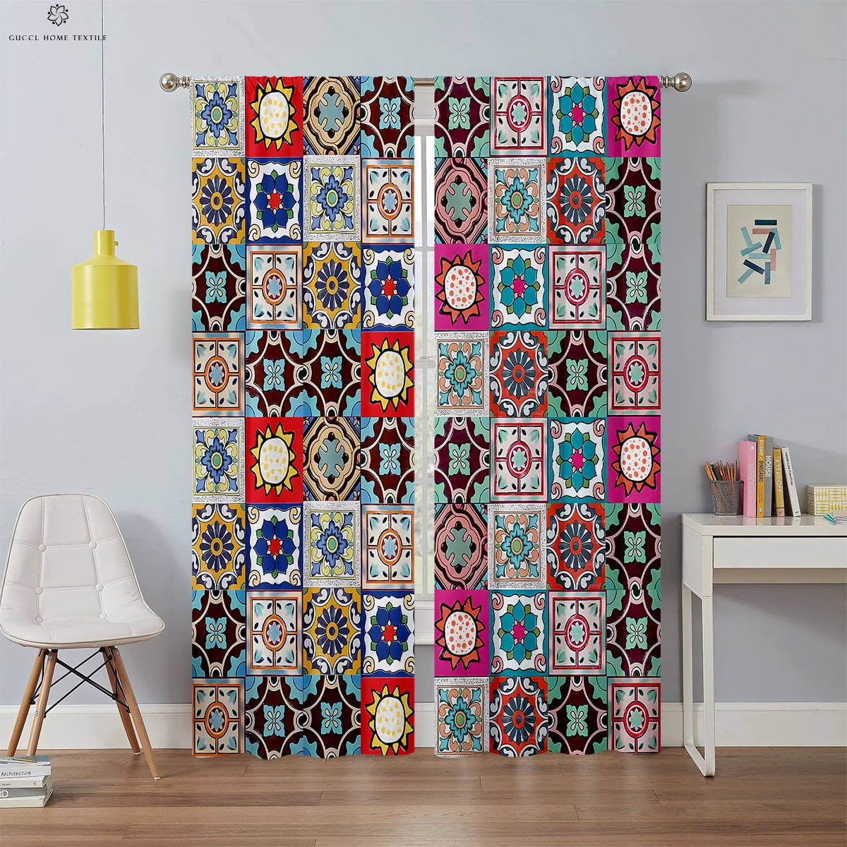 2 Panels Bohemian Window Curtains with Colorful Pattern Printed Curtain ...