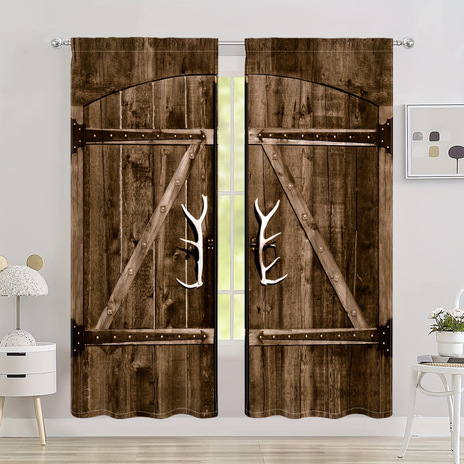 2 Panels Castle Wooden Door Printed Translucent Curtains For Living ...