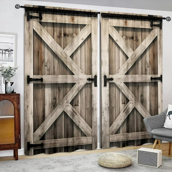 2 Panels Castle Wooden Door Printed Translucent Curtains For Living ...