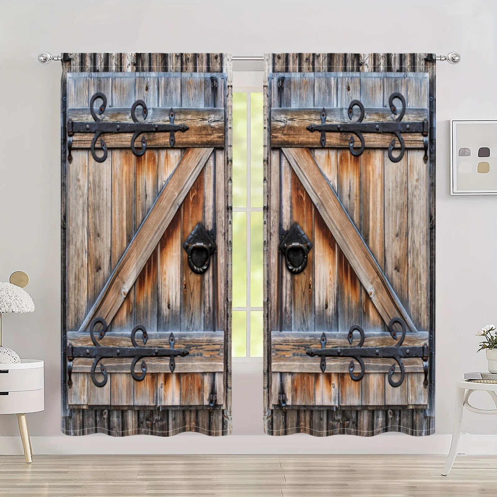 2 Panels Castle Wooden Door Printed Translucent Curtains For Living ...