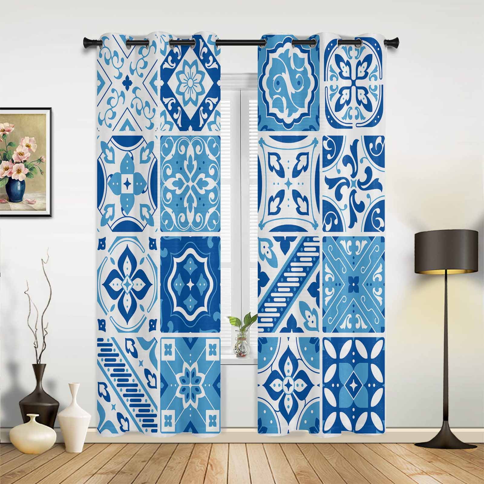 2 Panels Ceramic Tiles Bohemian Floral Blue Curtains for Bedroom Living ...