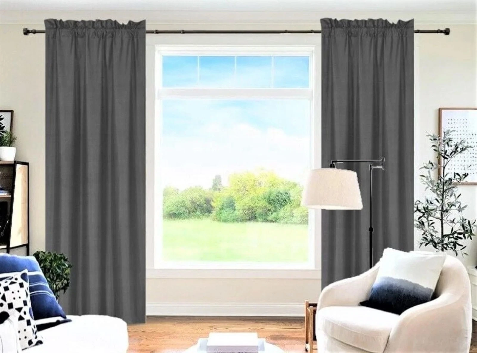 2 Panels Charcoal Solid Blackout Thermal Rod Pocket Foam Lined Window ...