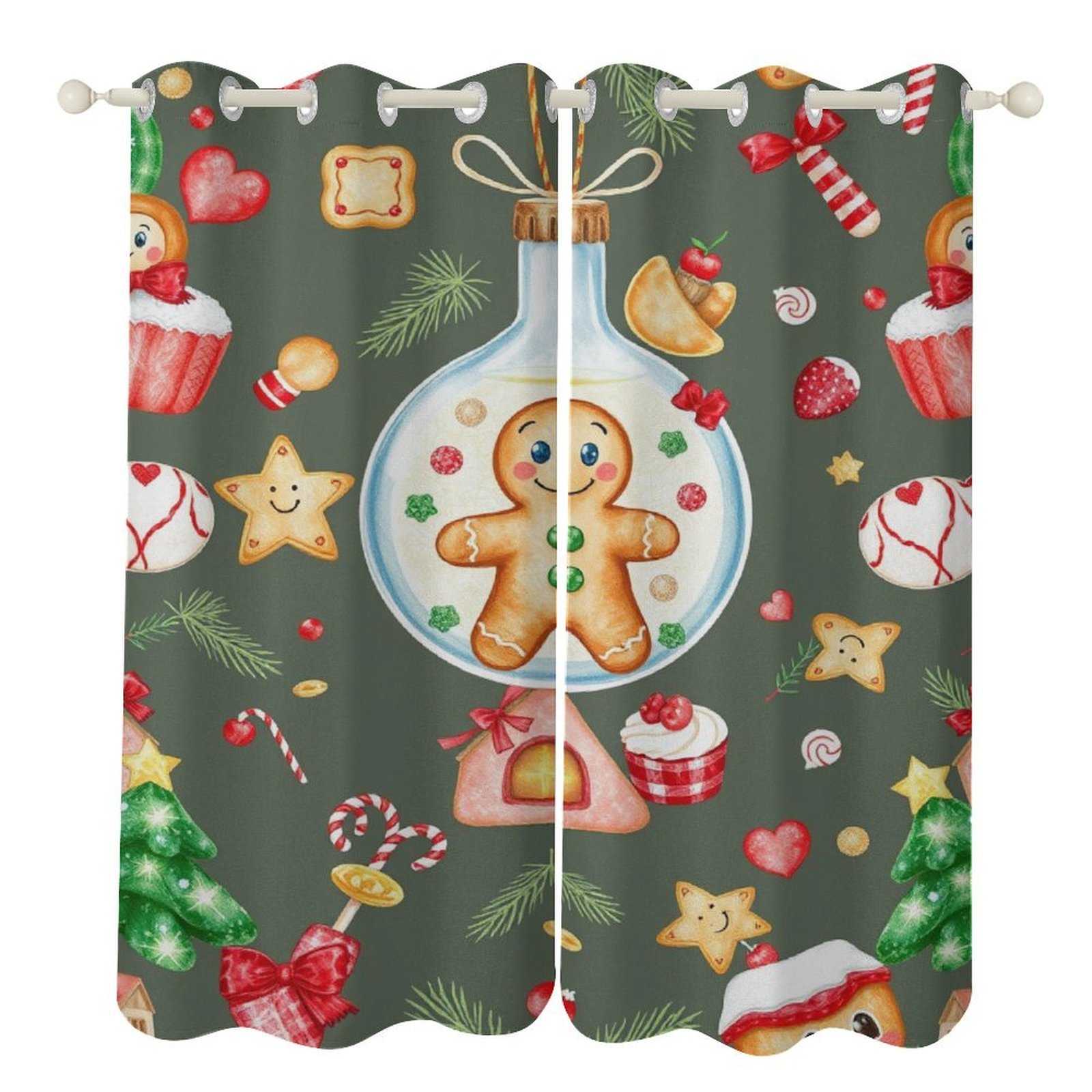 2 Panels Christmas Gingerbread Pattern Curtains for Bedroom Living Room ...
