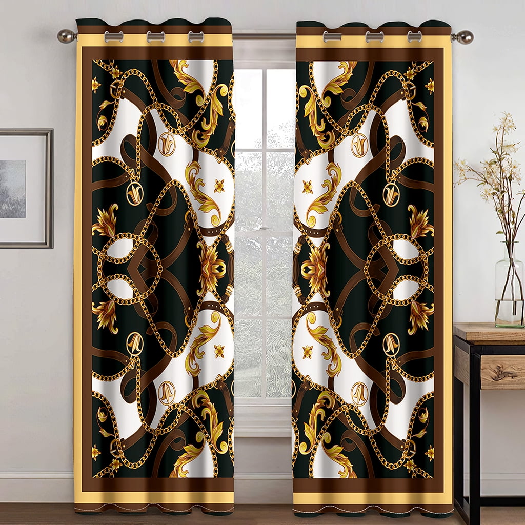 2 Panels Curtain Black and Gold Chain Short Kitchen Curtain Modern ...
