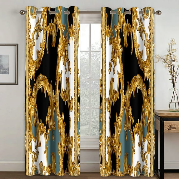 2 Panels Curtain Black and Gold Chain Short Kitchen Curtain Modern ...