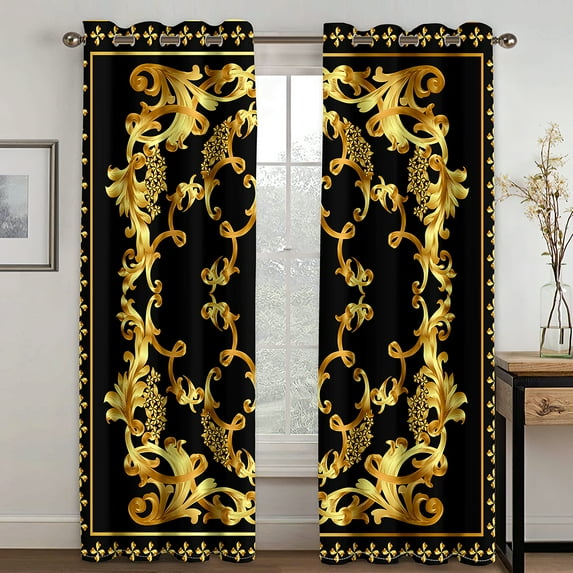 2 Panels Curtain Black and Gold Chain Short Kitchen Curtain Modern ...