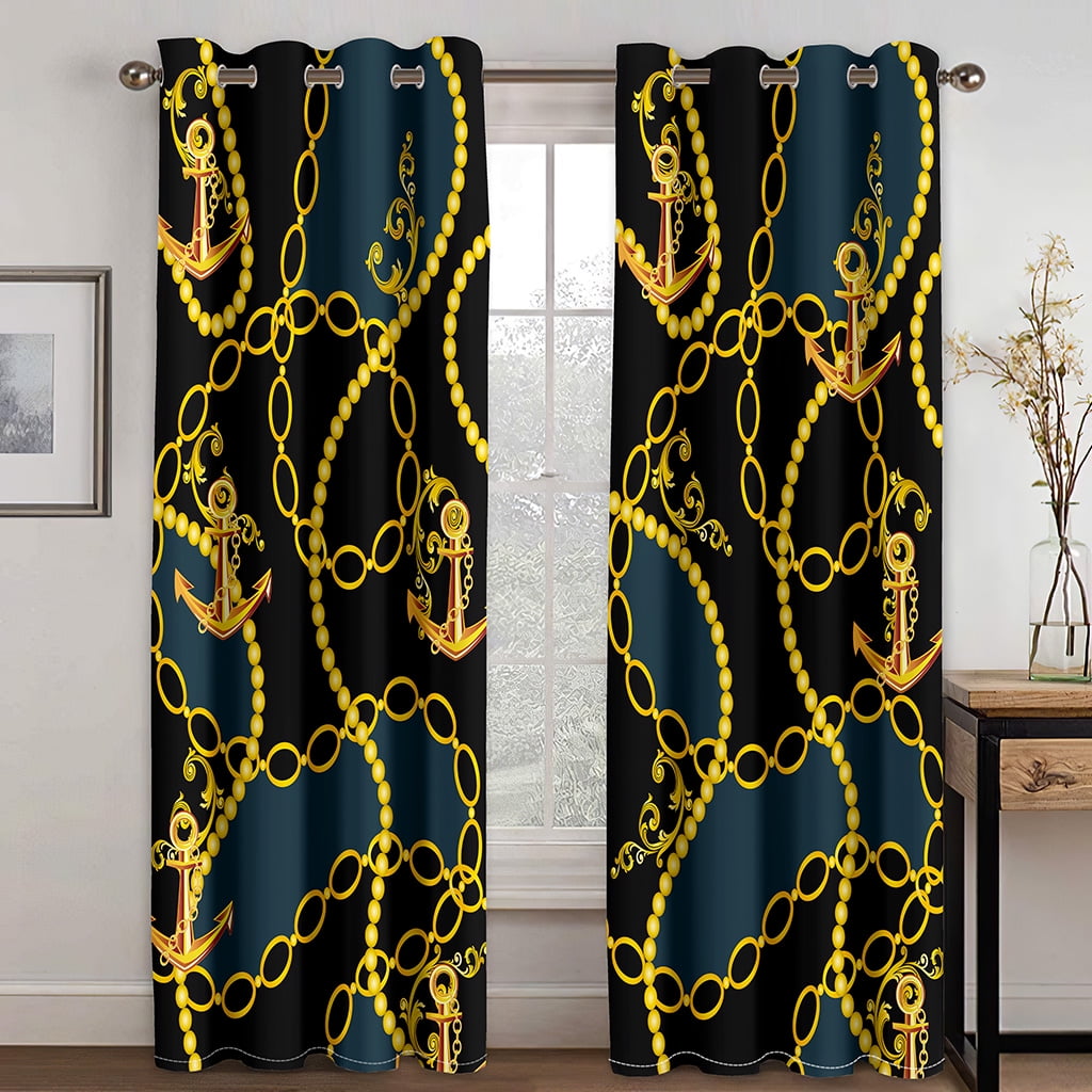 2 Panels Curtain Black and Gold Chain Short Kitchen Curtain Modern ...