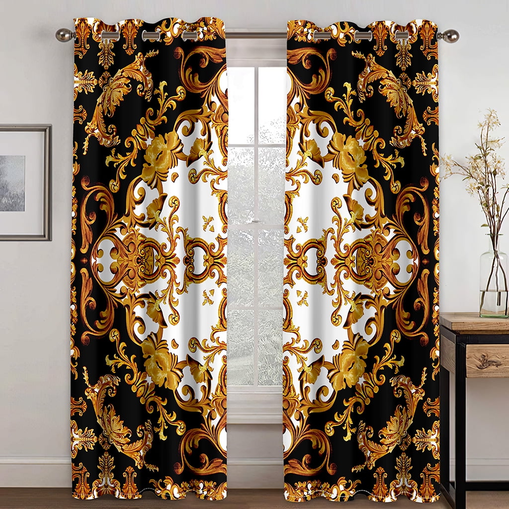 2 Panels Curtain Black and Gold Chain Short Kitchen Curtain Modern ...
