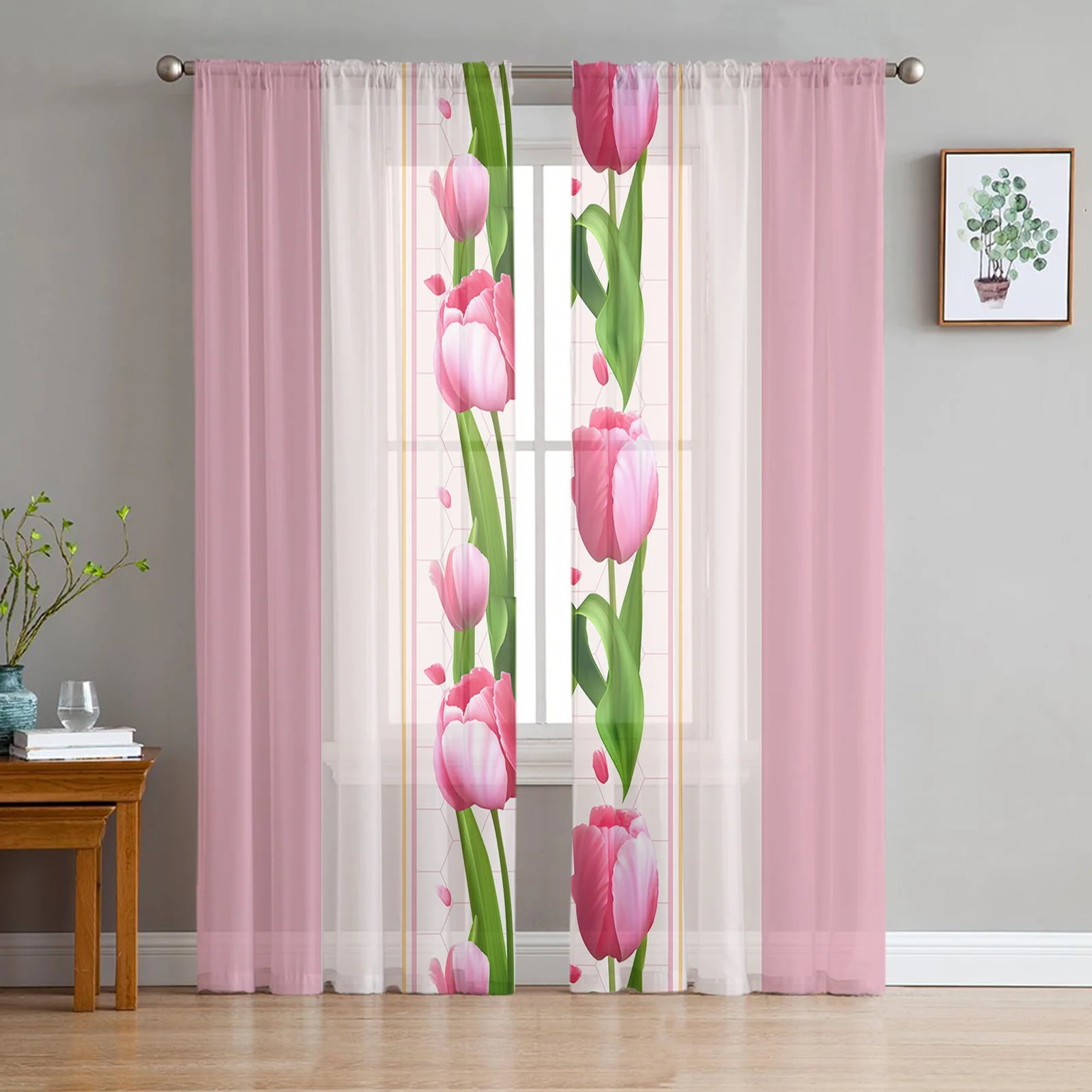 2 Panels Custom Flower Voile Curtain Tulip Pink Purple Flower Print ...