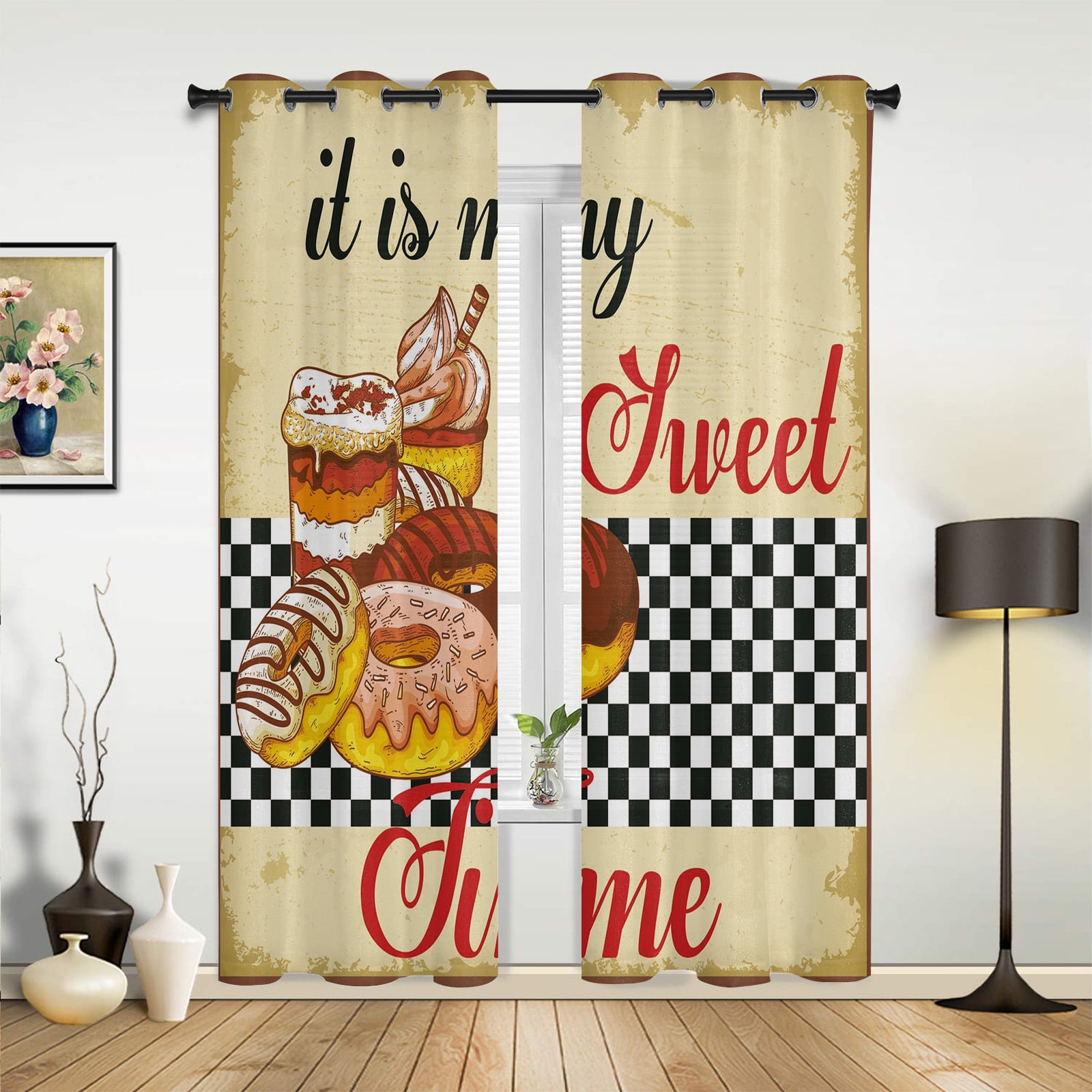 2 Panels Dessert Food Donut Plaid Curtains for Bedroom Living Room ...