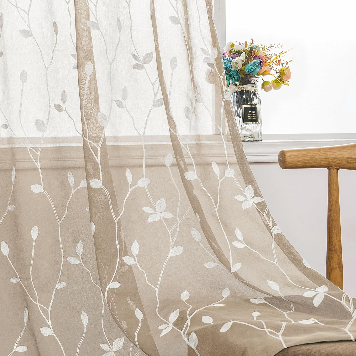 2 Panels Embroidered Leaf Pattern Semi Sheer Curtains Foliage Floral ...