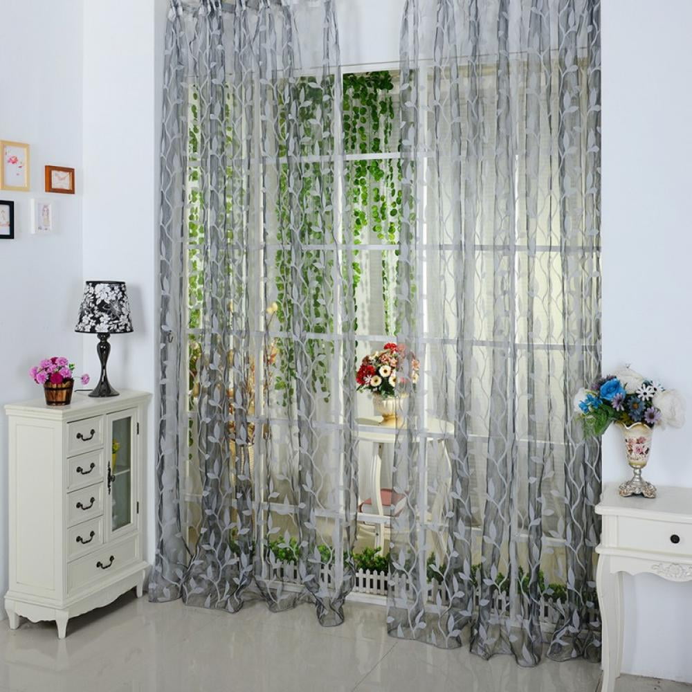 2 Panels Embroidered Leaf Pattern Sheer Curtains Floral Voile Window ...