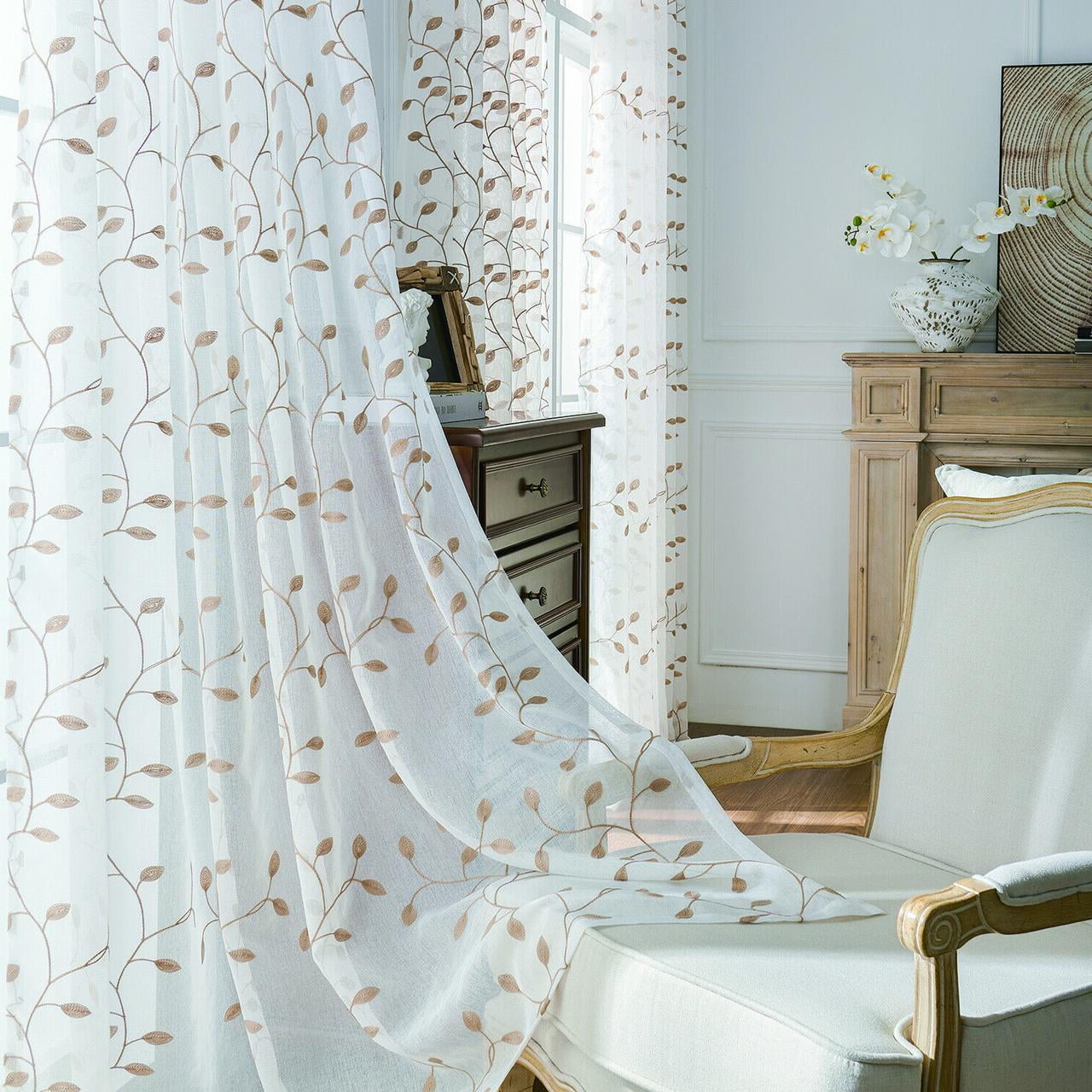 2 Panels Embroidered Leaves Semi Sheer Voile Window Curtains Drapes ...