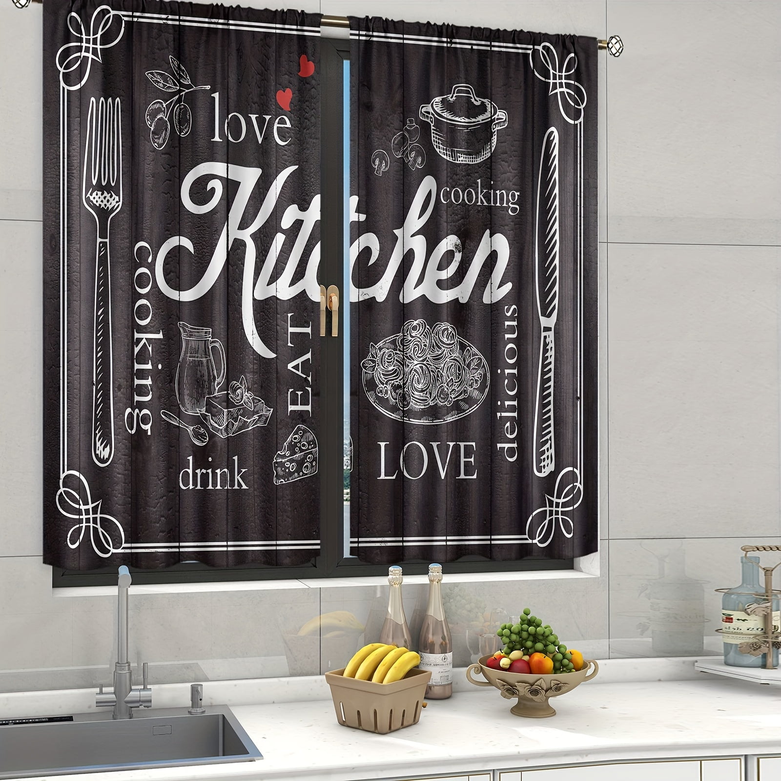 2 Panels Farmhouse Vintage Kitchen Curtains Short Small Black White ...