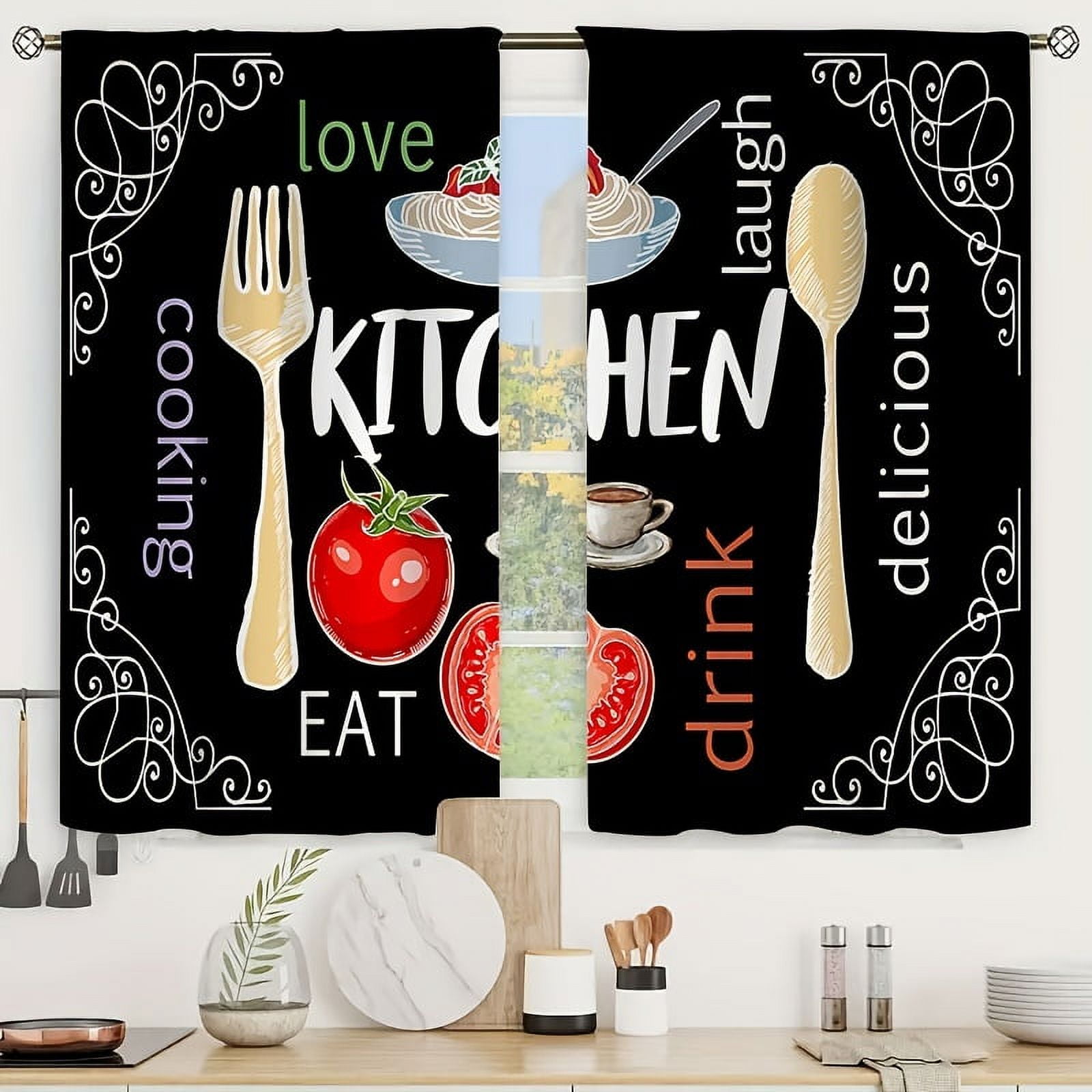 2 Panels Farmhouse Vintage Kitchen Curtains Short Small Black White ...