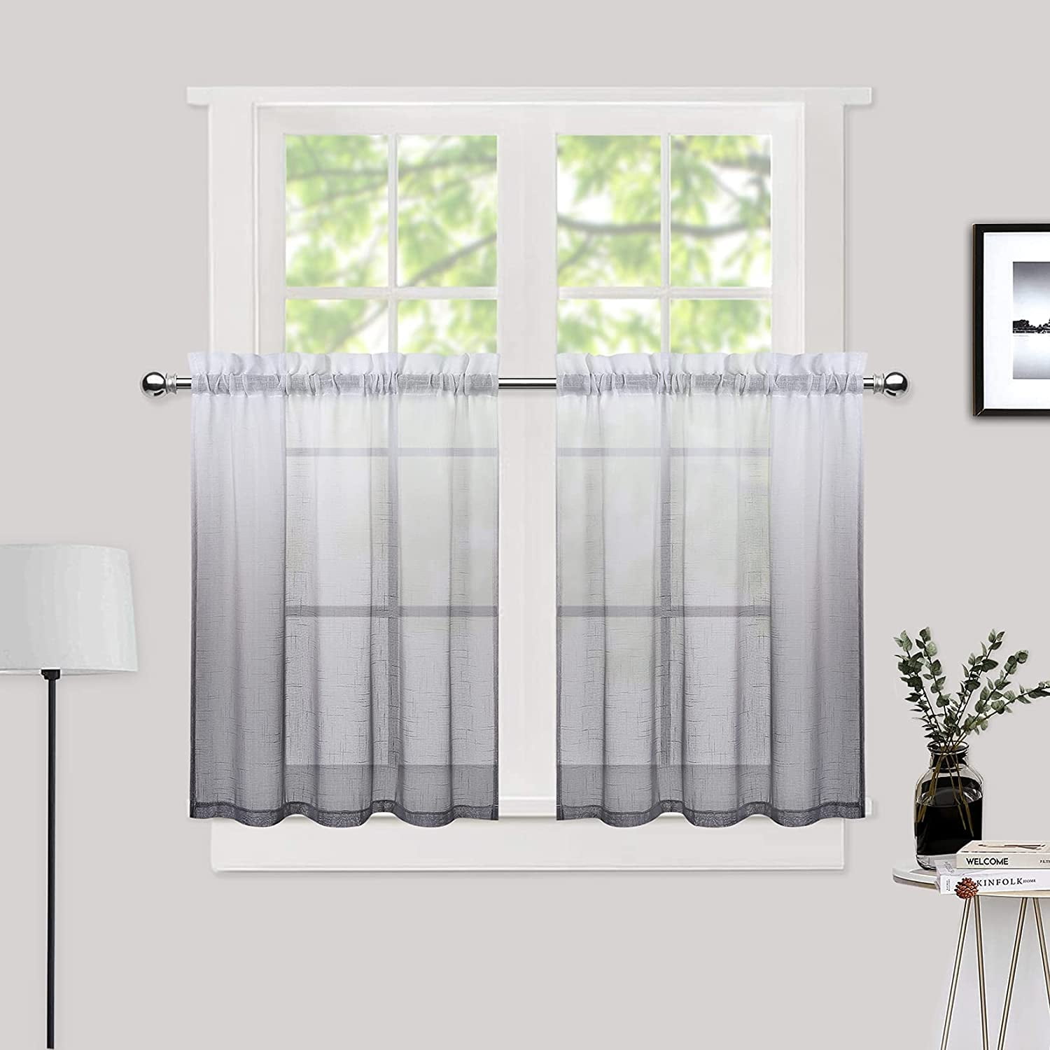 2 Panels Faux Linen Sheer Short Tier Curtain, Rod Pocket Voile Small ...