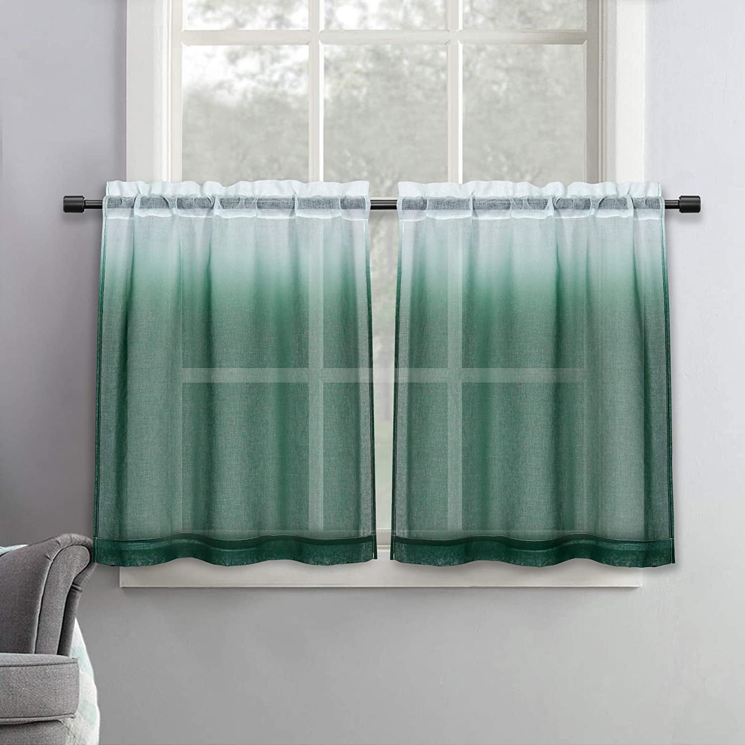 2 Panels Faux Linen Sheer Short Tier Curtain, Rod Pocket Voile Small ...