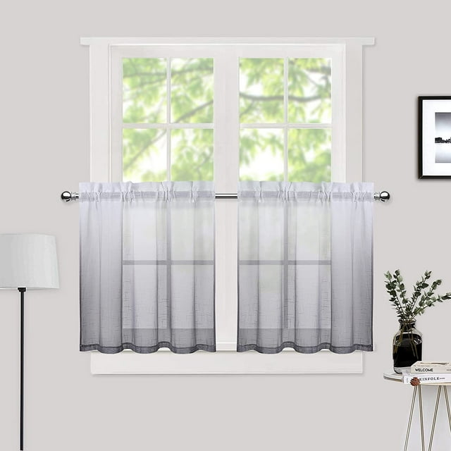 2 Panels Faux Linen Sheer Short Tier Curtain, Rod Pocket Voile Small ...