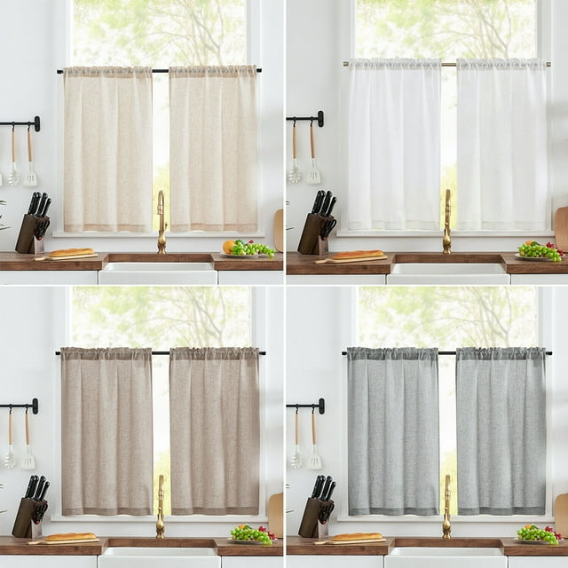 2 Panels Flax Rustic Rod Pocket Curtains Linen Short Window Curtains ...
