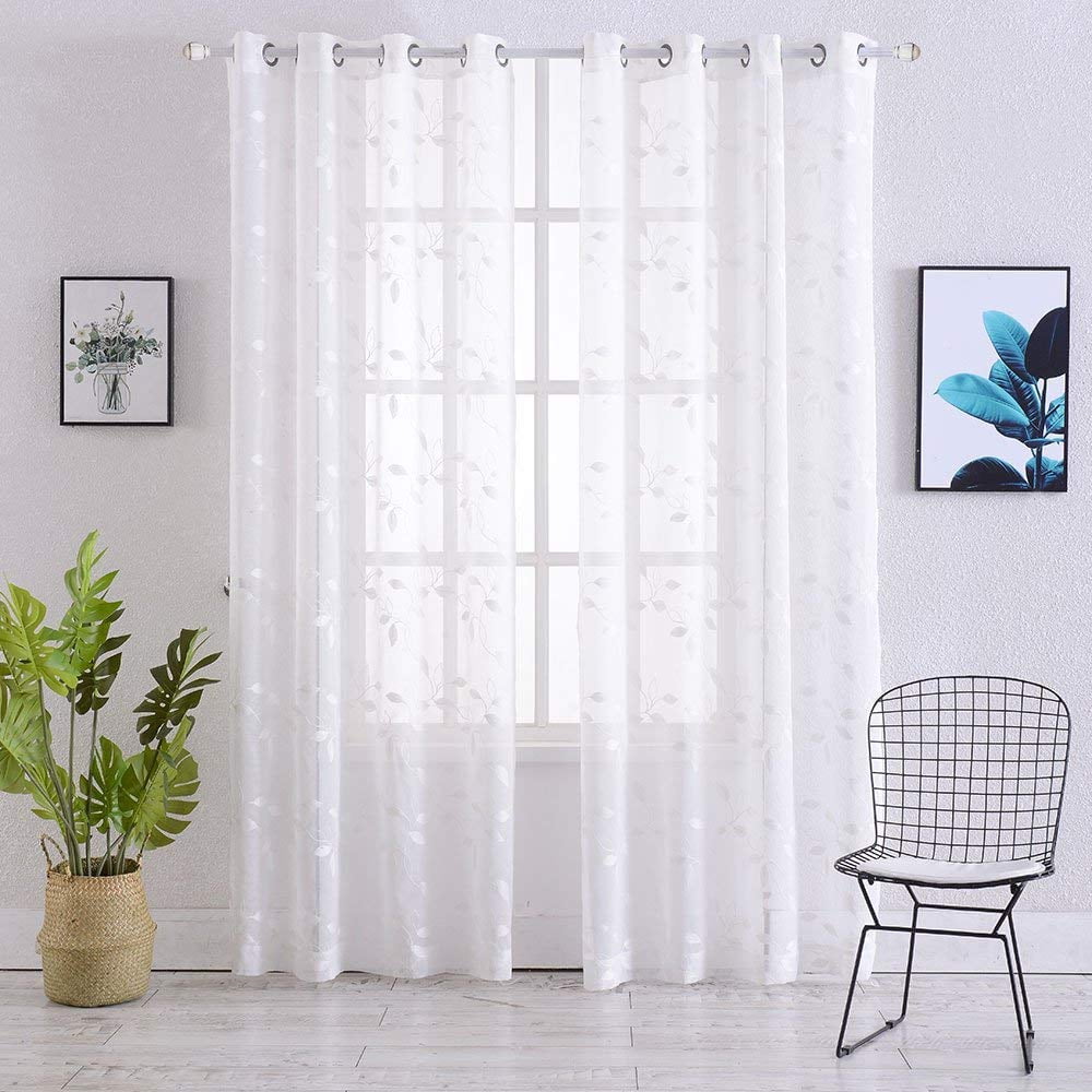 2 Panels Floral Embroidered Sheer Tier Curtains, Grommet Top Faux Linen Textured Short Curtain ...