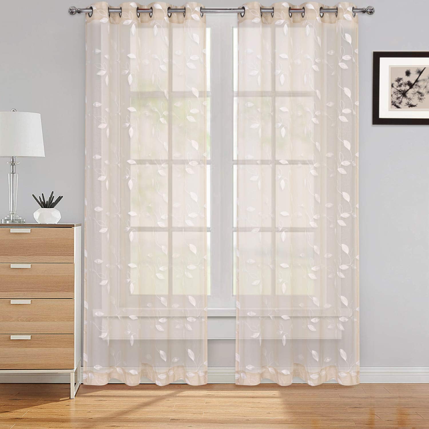 2 Panels Floral Embroidered Sheer Tier Curtains, Grommet Top Faux Linen ...