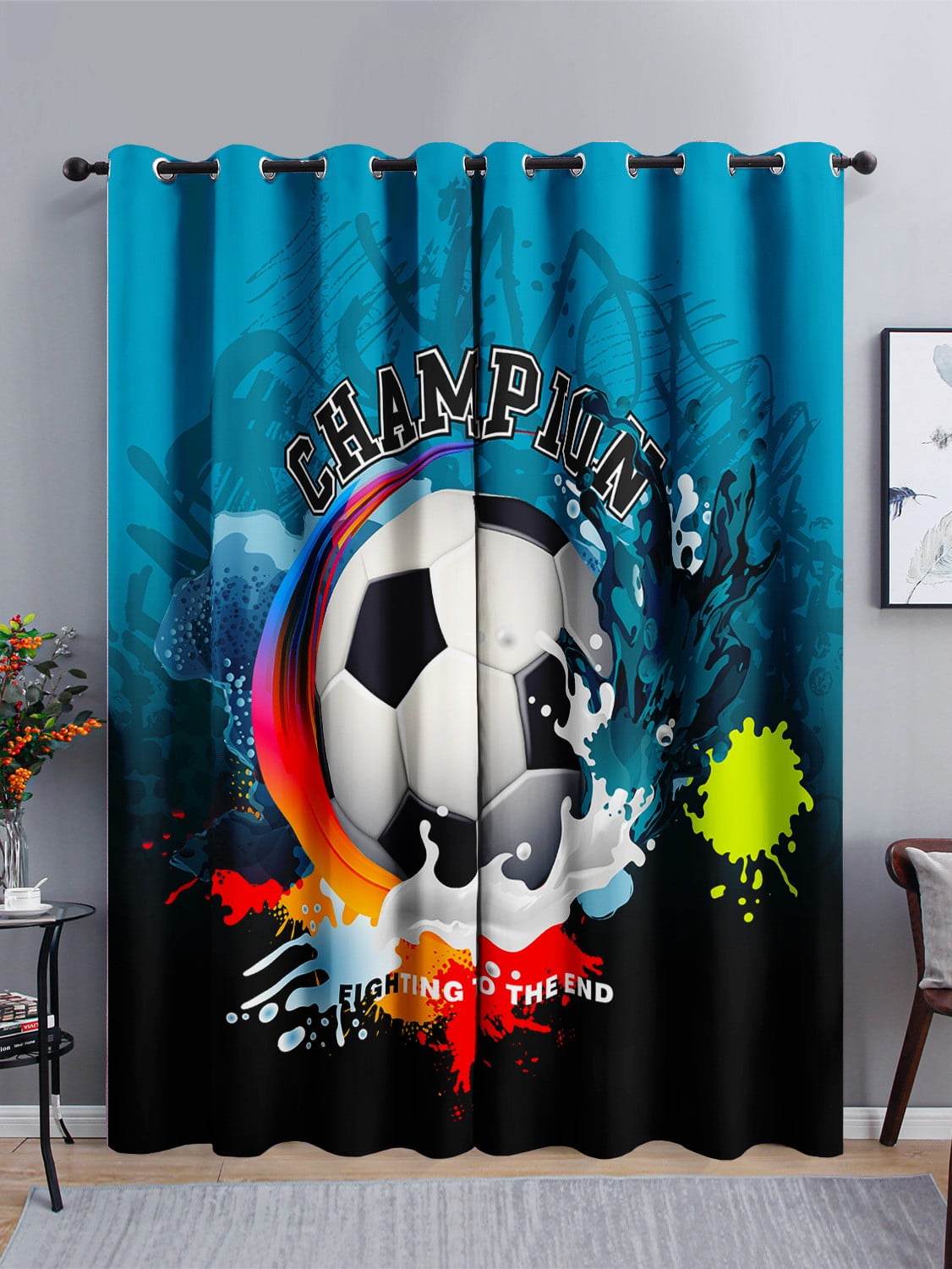 2 Panels Football Graffiti Art Design Sports Children Shading Polyester ...