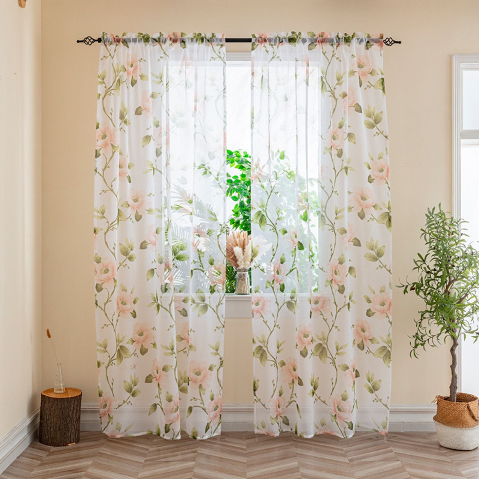 2 Panels Foral Sheer Curtains for Living Room Window, Country Patterned ...