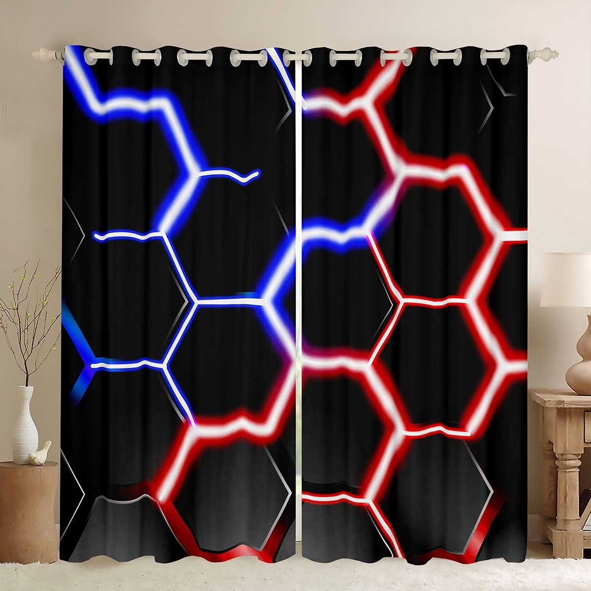 2 Panels Futurism Hexagonal Art Printed Curtain for Home Decor Rod ...