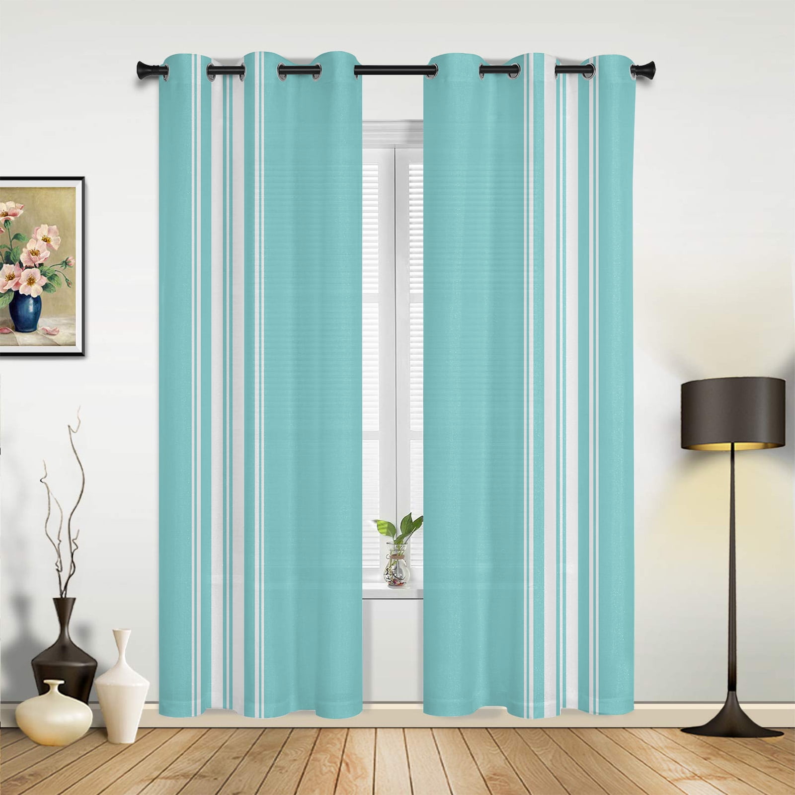 2 Panels Geometric Blue Grey Stripe Curtains for Bedroom Living Room ...