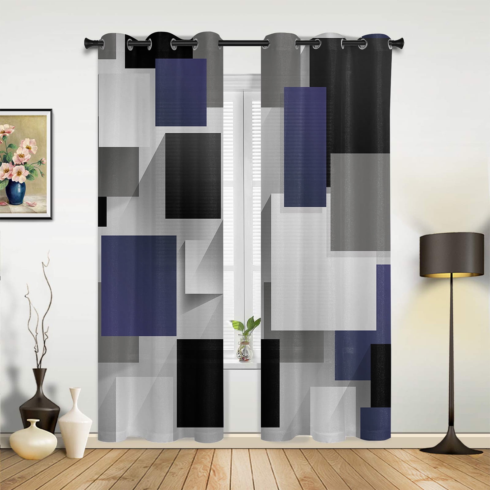 2 Panels Geometric Navy Grey Black Abstract Curtains for Bedroom Living ...