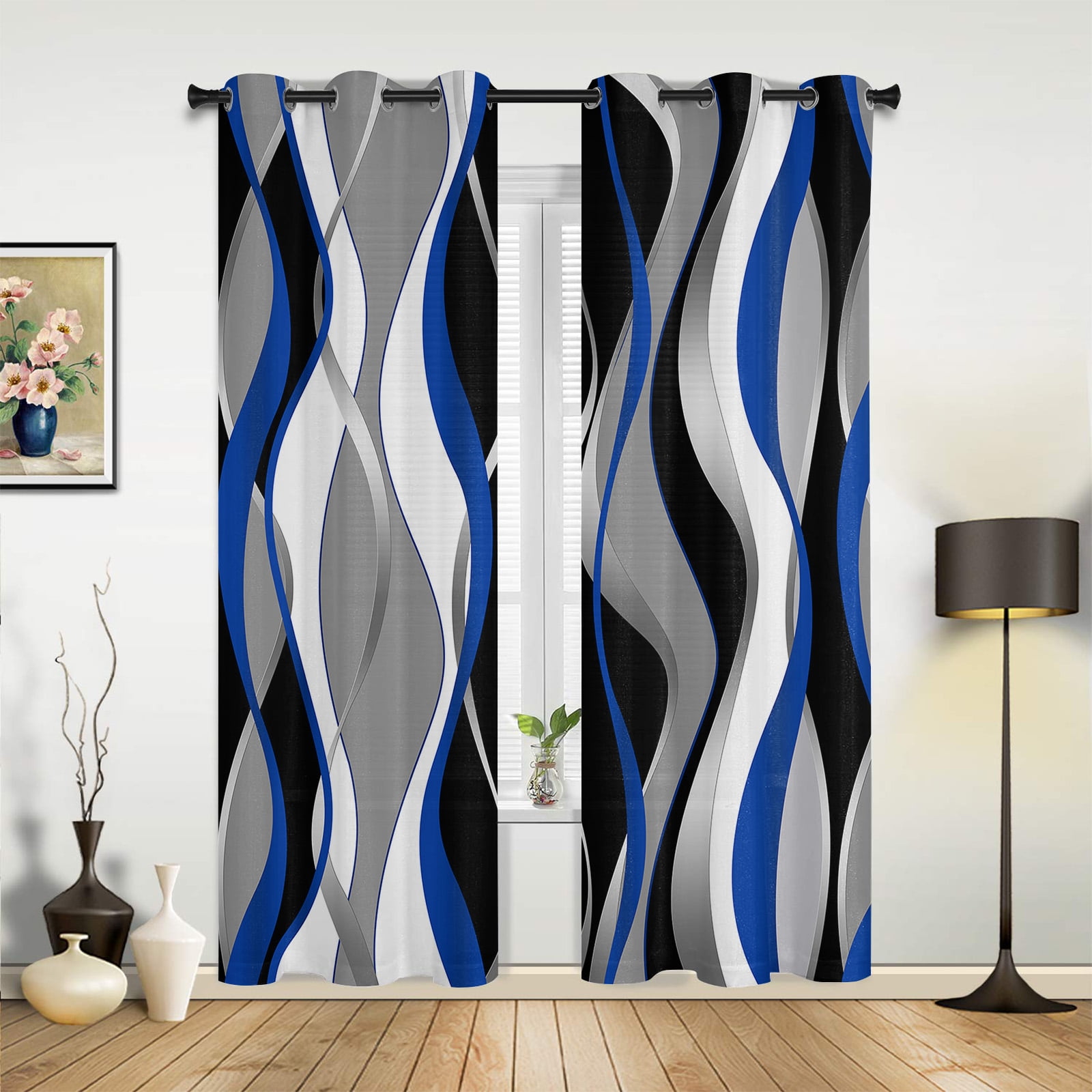 2 Panels Geometry Abstract Line Blue Black Curtains for Bedroom Living ...