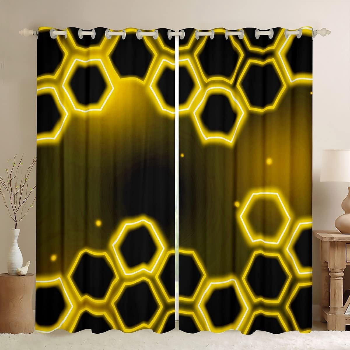 2 Panels Glowing Honeycomb Hexagon Geometric Printed Curtains Bedroom ...