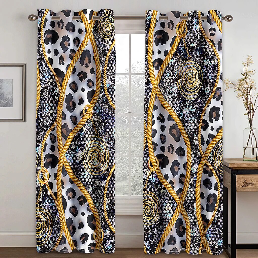 2 Panels Gold Leopard Print Serpentine Curtains Bedroom Living Room ...
