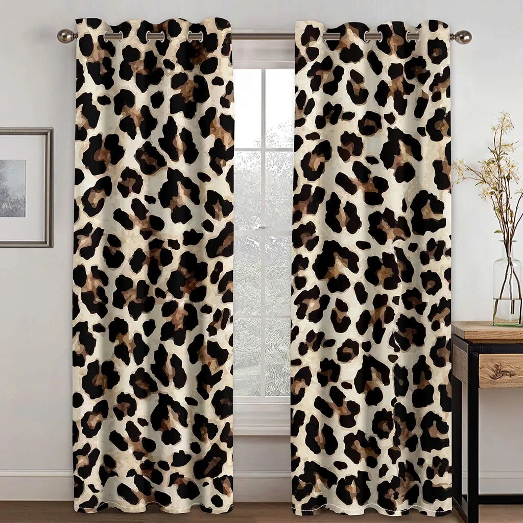 2 Panels Gold Leopard Print Serpentine Curtains Bedroom Living Room ...