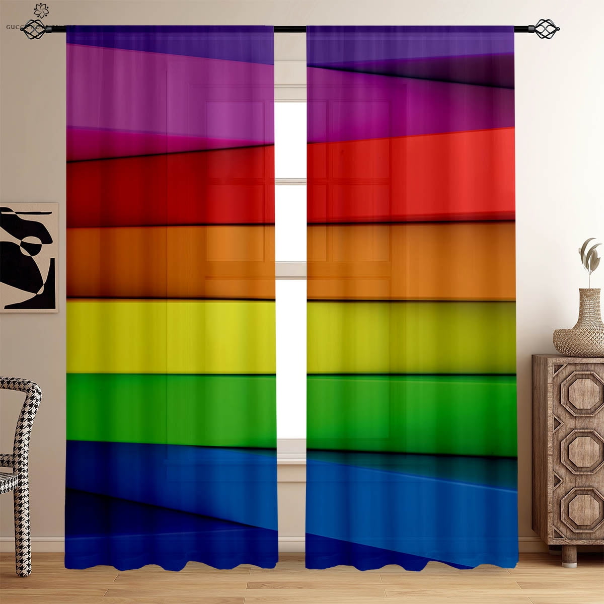 2 Panels Gold Powder Glitter Rainbow Color Printed Curtains Bedroom ...