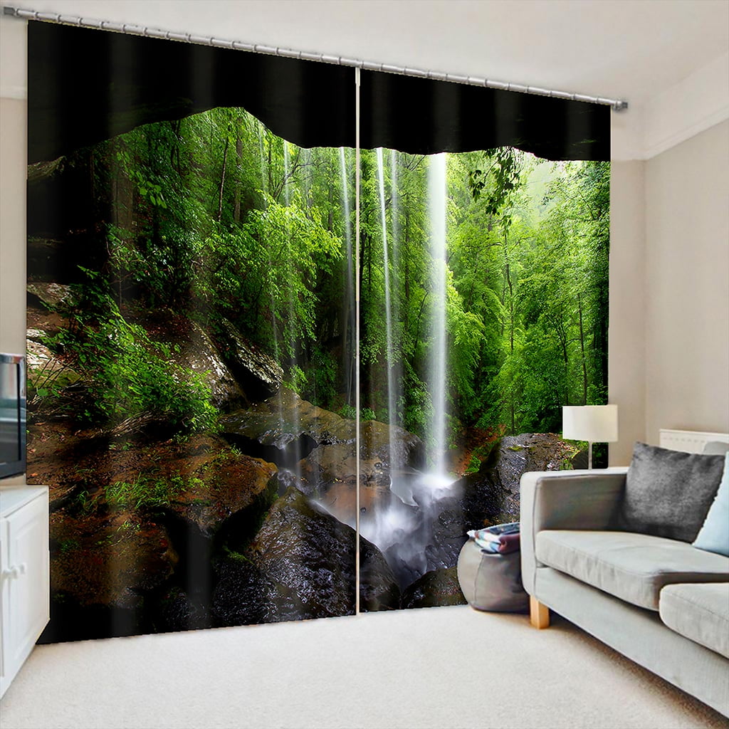 2 Panels Green Forest Waterfall Natural Scenery Curtains for Bedroom ...