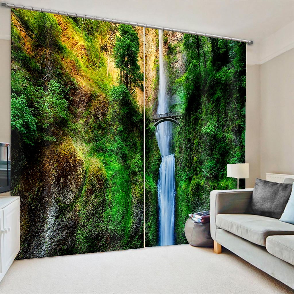 2 Panels Green Forest Waterfall Natural Scenery Curtains for Bedroom ...
