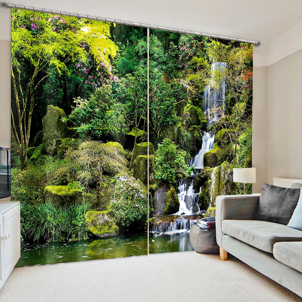 2 Panels Green Forest Waterfall Natural Scenery Curtains for Bedroom Living Room Floor-to ...